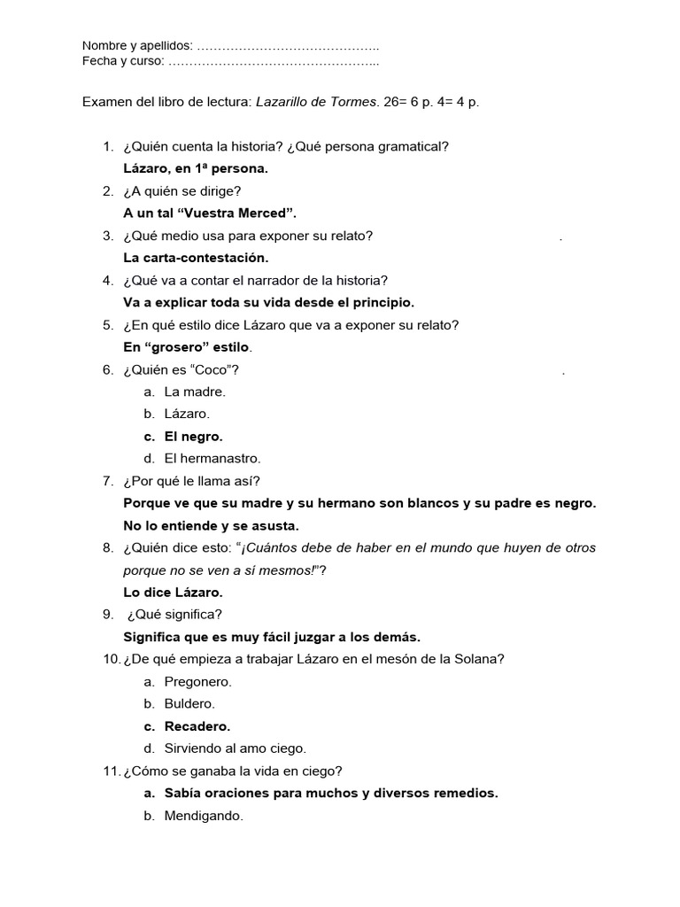 Examen de "Lazarillo de Tormes" | PDF