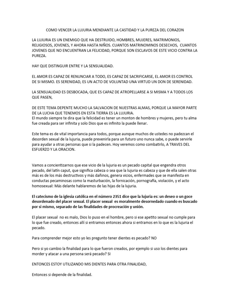 COMO VENCER LA LUJURIA MENDIANTE LA CASTIDAD Y LA PUREZA DEL CORAZON ...