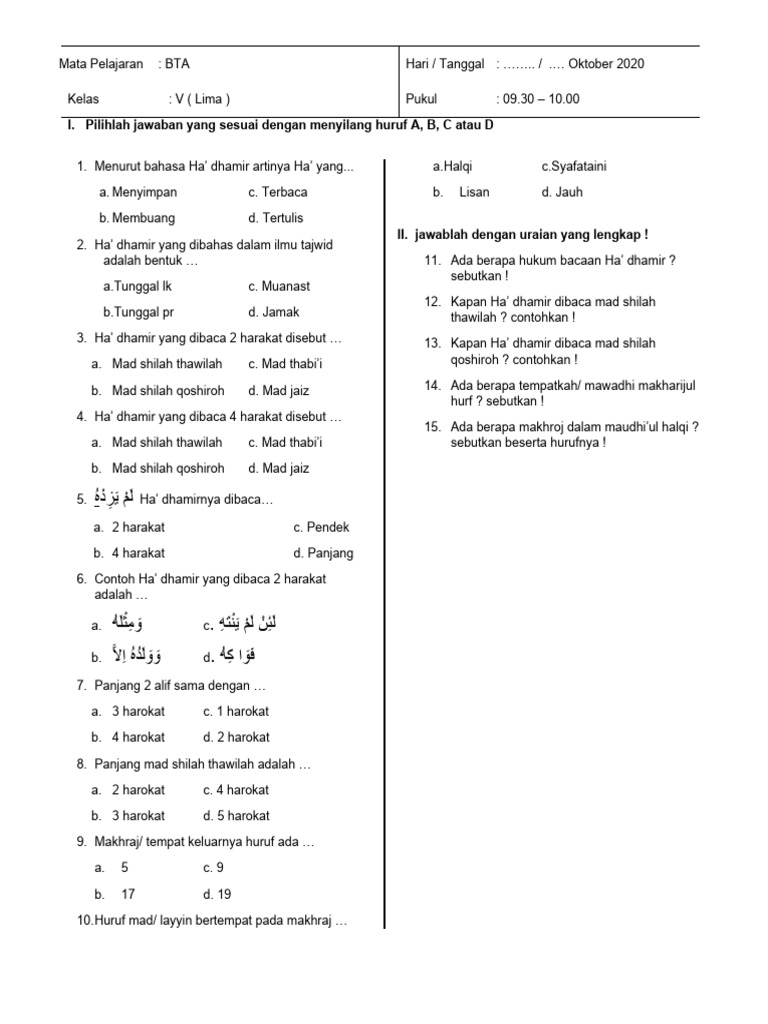 PTS / PHB BTA Semester 1 Kelas 5 | PDF