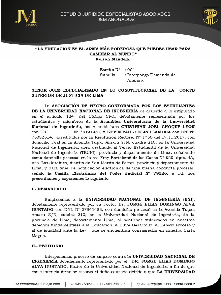 DEMANDA DE AMPARO TEUNI VS UNI DERECHO A LA EDUCACIÓN LMTB FINAL Final ...
