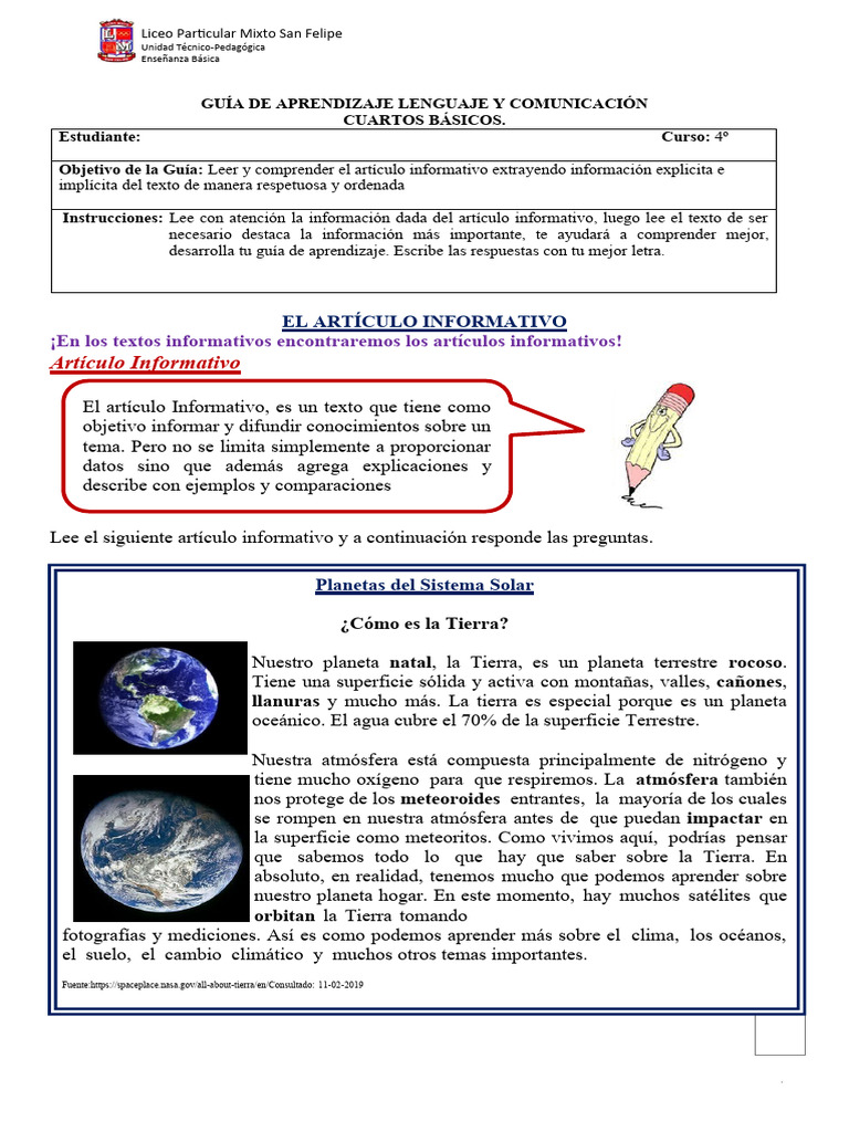 GUIA ARTÍCULO INFORMATIVO. | PDF | Tierra | Planetas