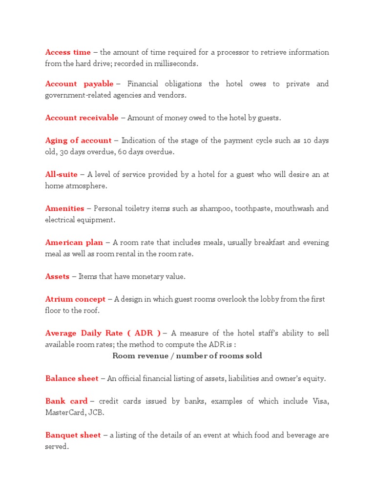 Hotel Management Terminology Guide | PDF | Debits And Credits | Credit Card