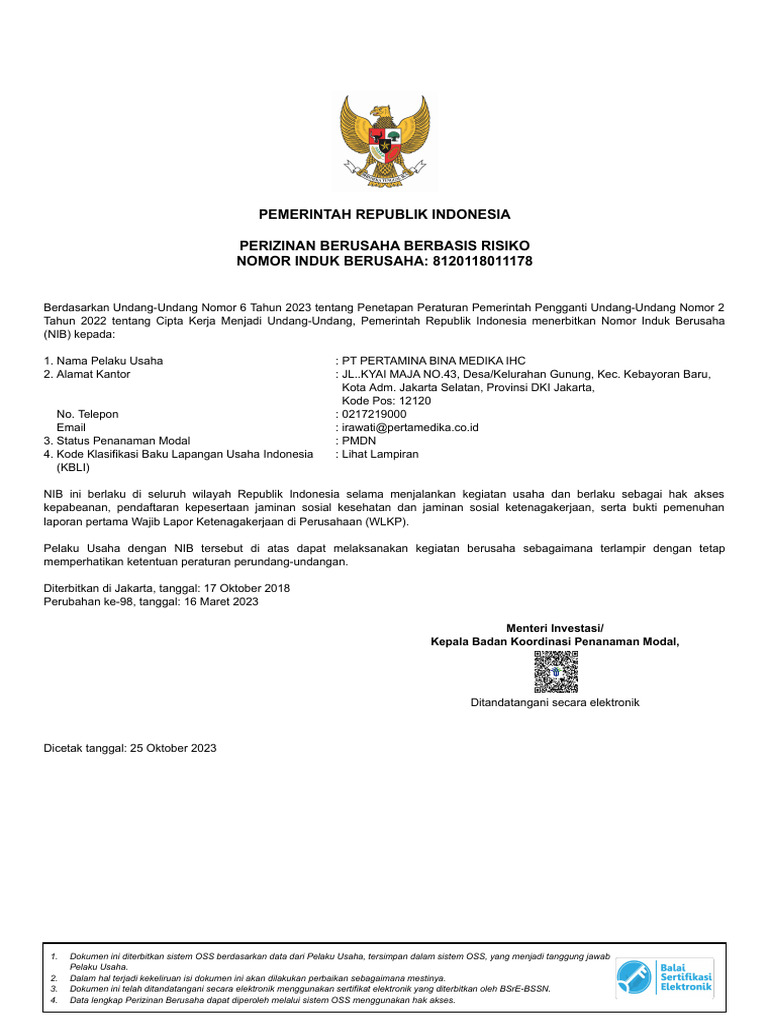 Nib Pertamedika Ihc Dan Izin Operasional RSPP | PDF