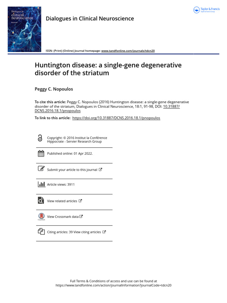 Huntington Disease A Single-Gene Degenerative Disorder of The Striatum ...
