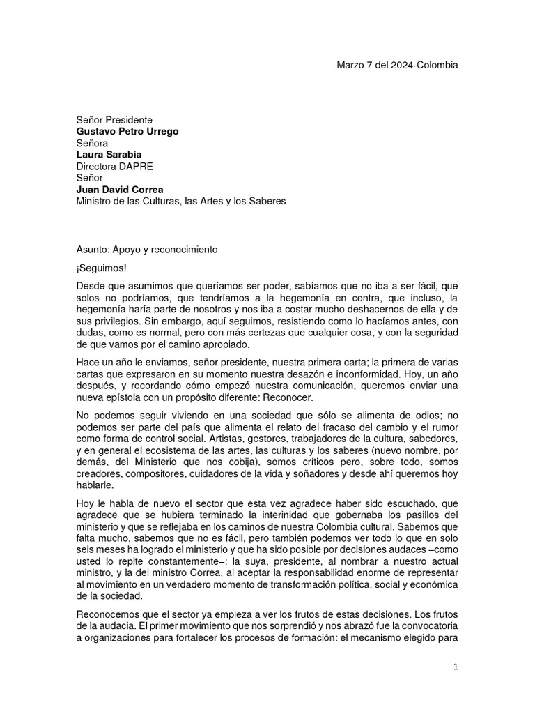 Carta de Artistas | Descargar gratis PDF | Bogotá | Colombia