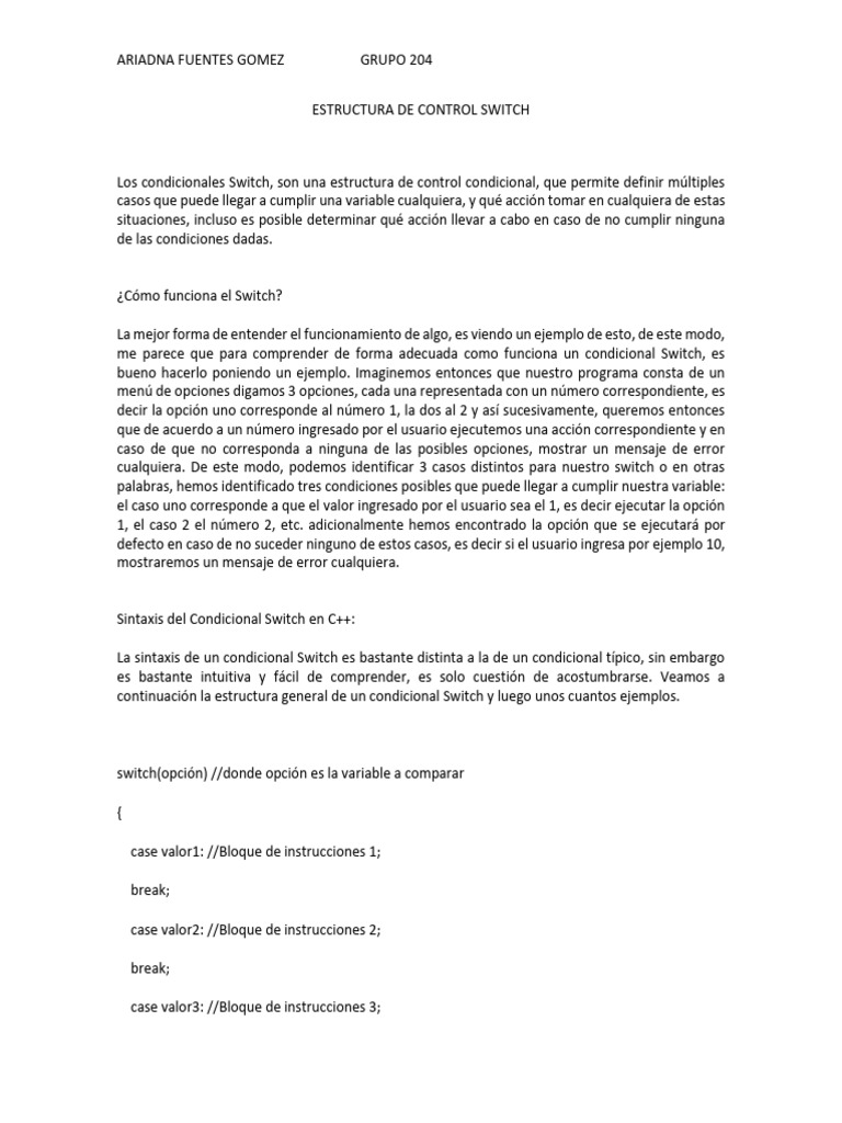 Estructura de Control Switch | PDF | C ++ | Desarrollo de software Estructura de Control Switch | PDF | C ++ | Desarrollo de software