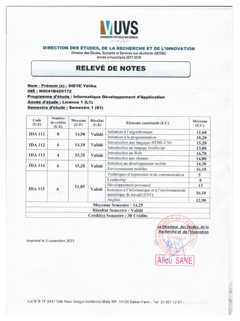 Relevé de Notes Semestre 1 | PDF