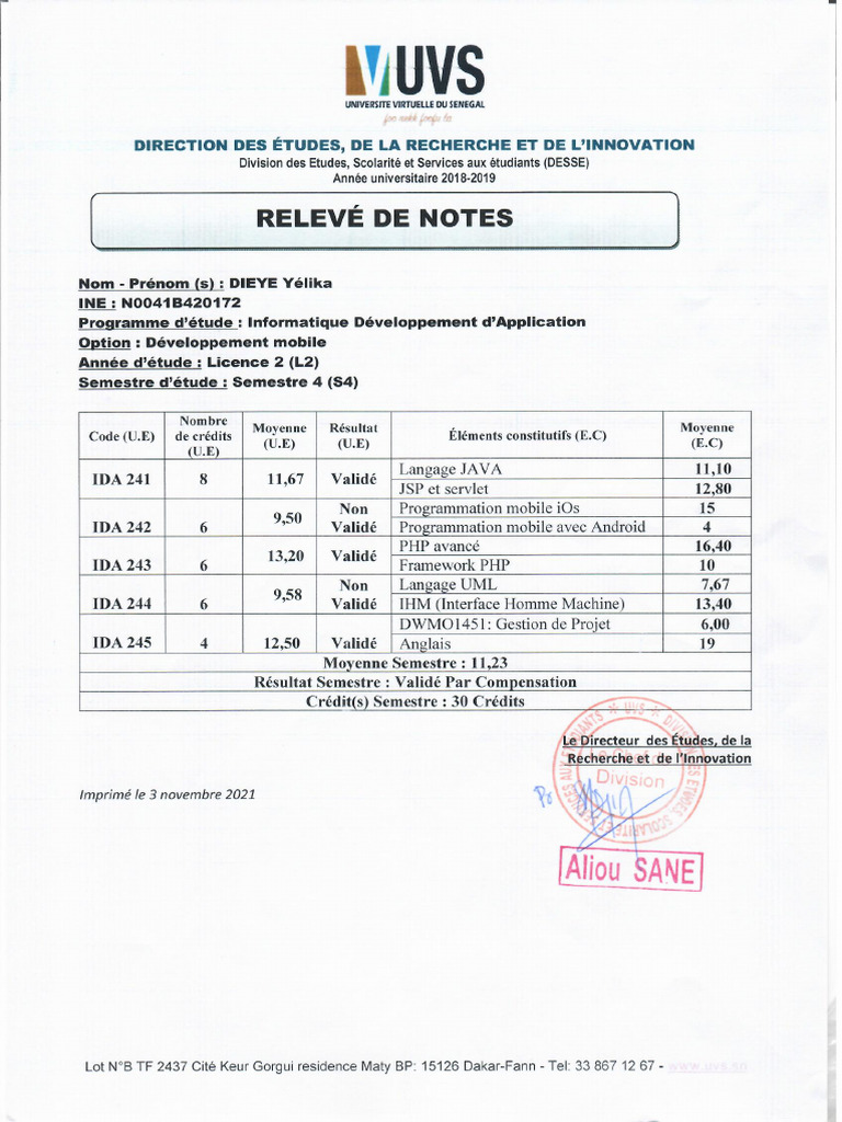 relevé de notes semestre 4 | PDF