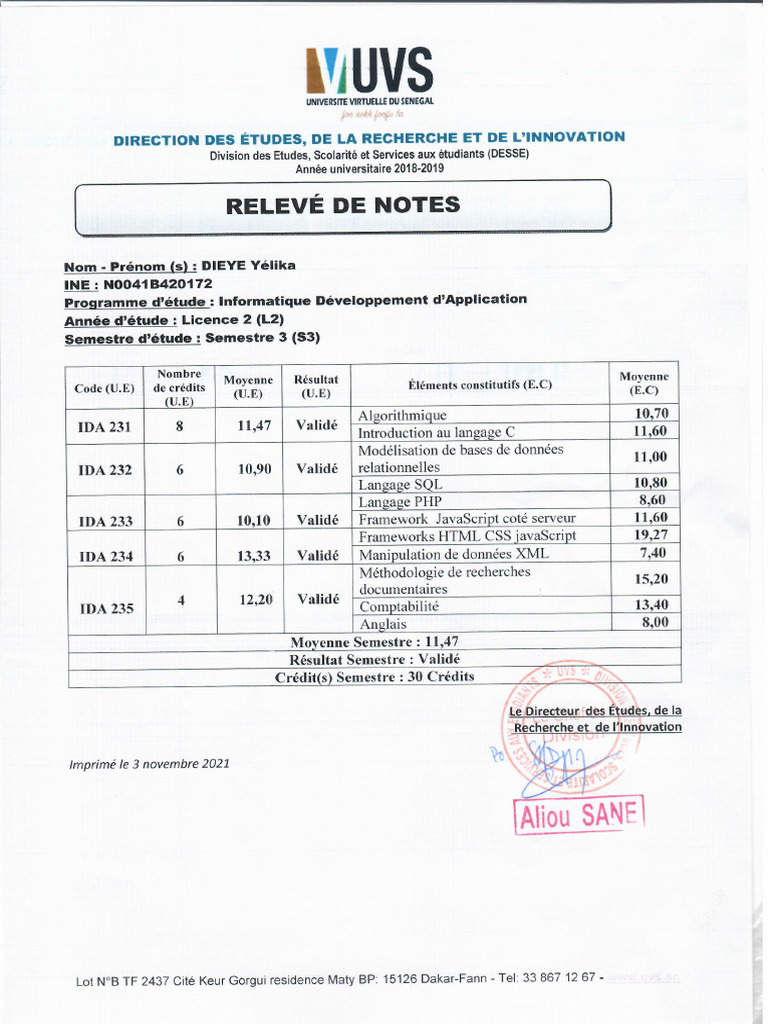 Relevé de Notes Semestre 3 | PDF