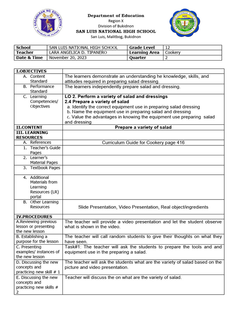 DLP Cookery 9 | PDF | Learning | Teachers