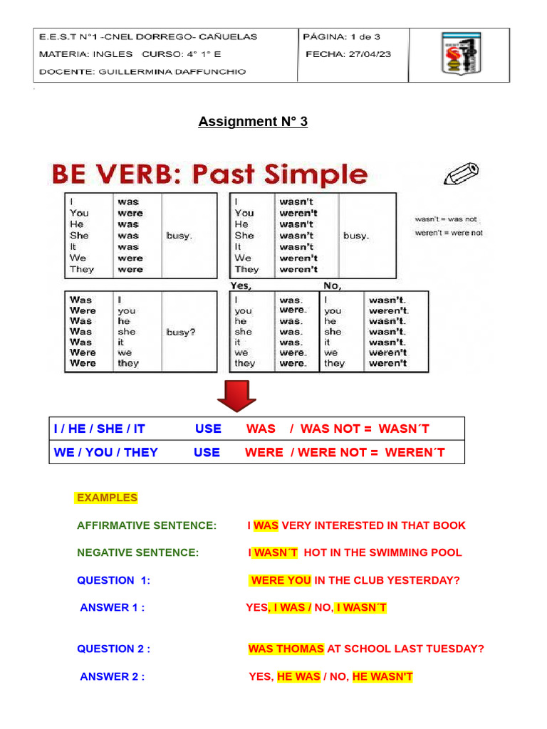 Mastering Past Tense: Was/Were Exercises | PDF