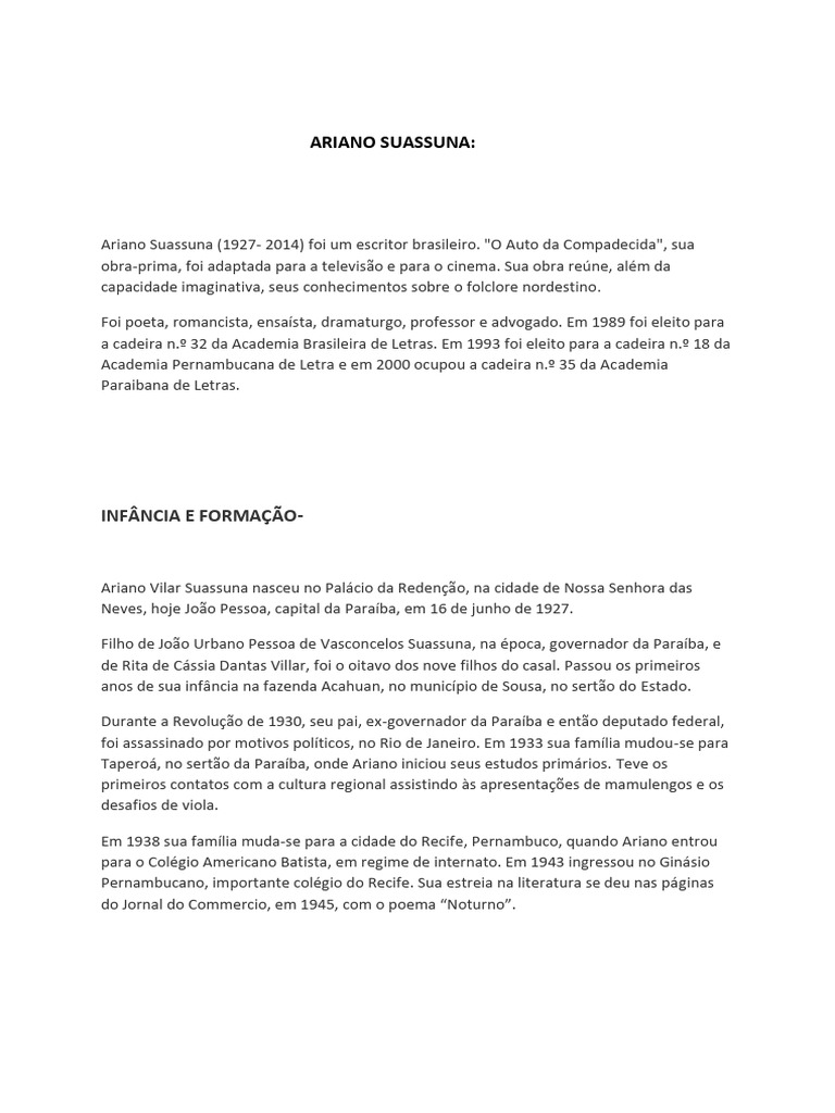 Biografia e Obras de Ariano Suassuna | PDF | Poesia | Clássicos