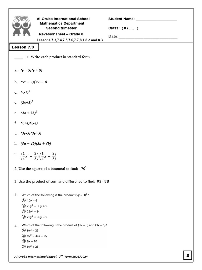 Grade 8 Math Revision Sheet 2023/24 | PDF | Graph Theory | Abstract Algebra