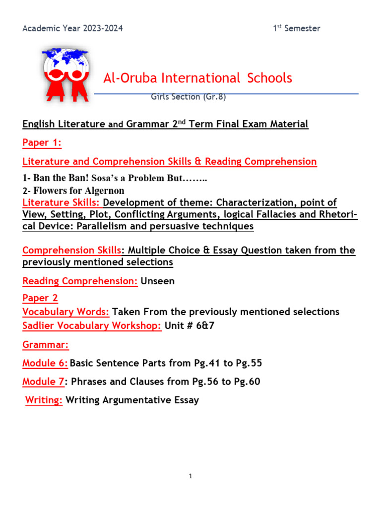 Grade 8 2ndterm Revision Sheets2023-2024 | PDF | Money | Narration