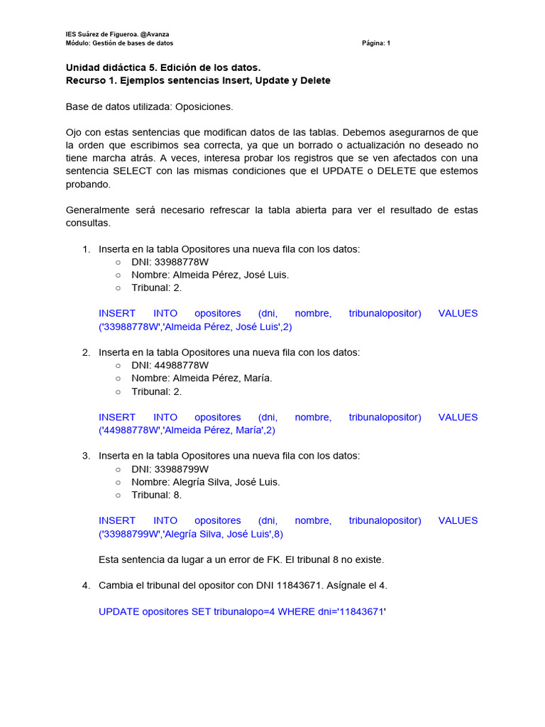 Sentencias SQL: Insert, Update y Delete | PDF | Programación de computadoras | Informática
