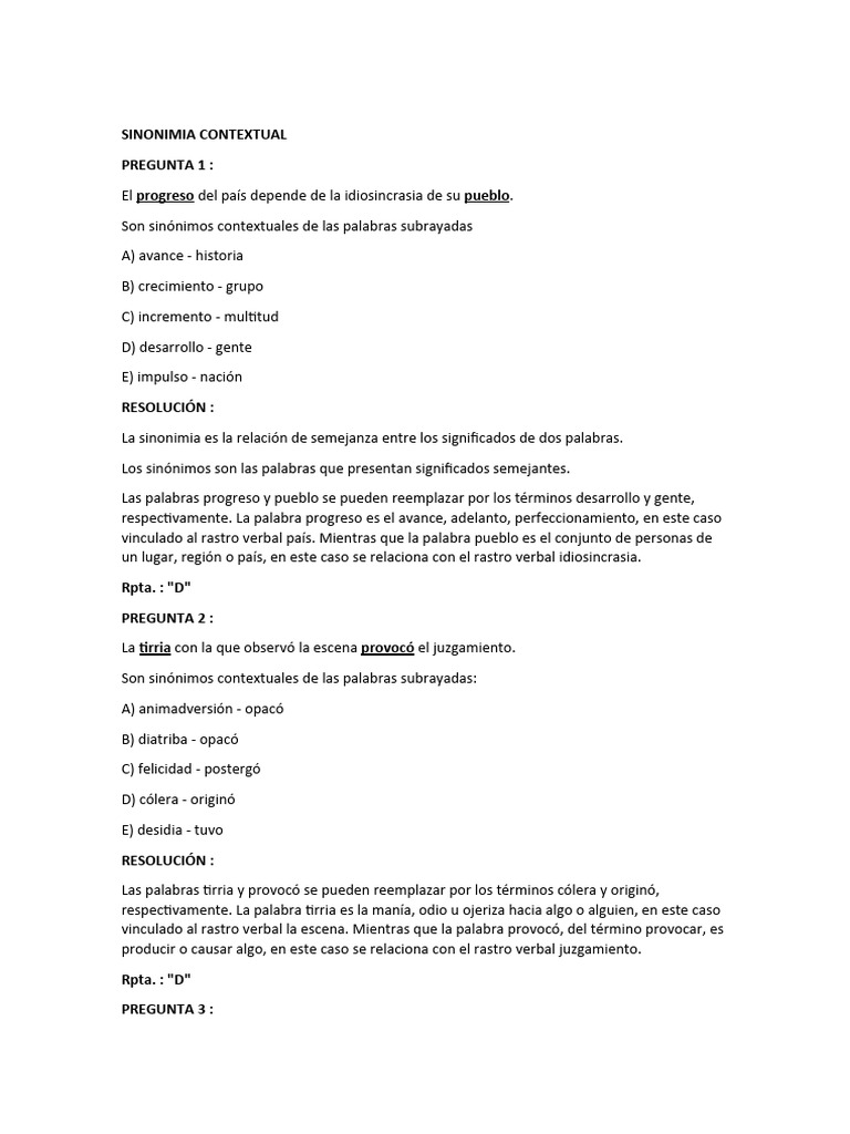 Reforz Sinonimia y Antonimia Contextual y Analogias Con Claves | PDF