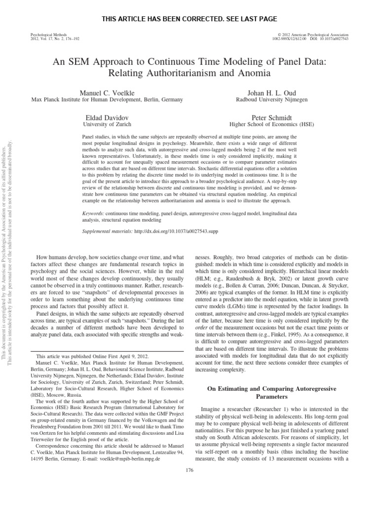 An SEM Approach To Continuous Time Modeling of Panel Data: Relating Authoritarianism and Anomia ...