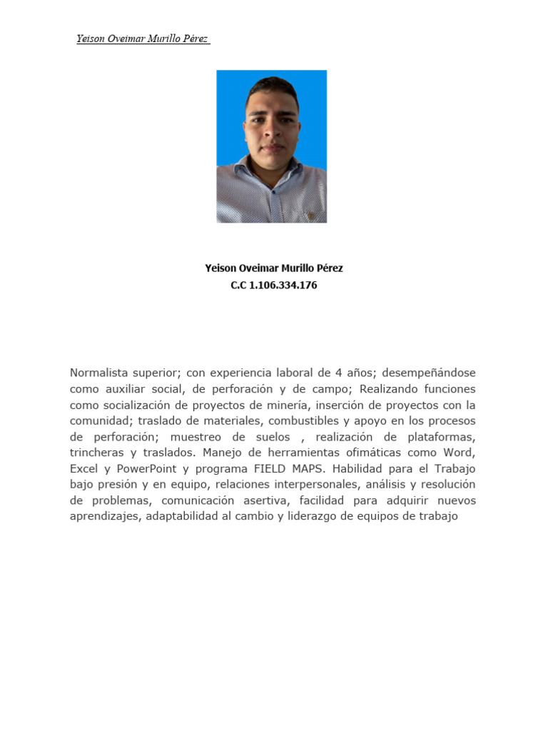 Hoja de Vida Yeison Oveimar Murillo Perez | PDF