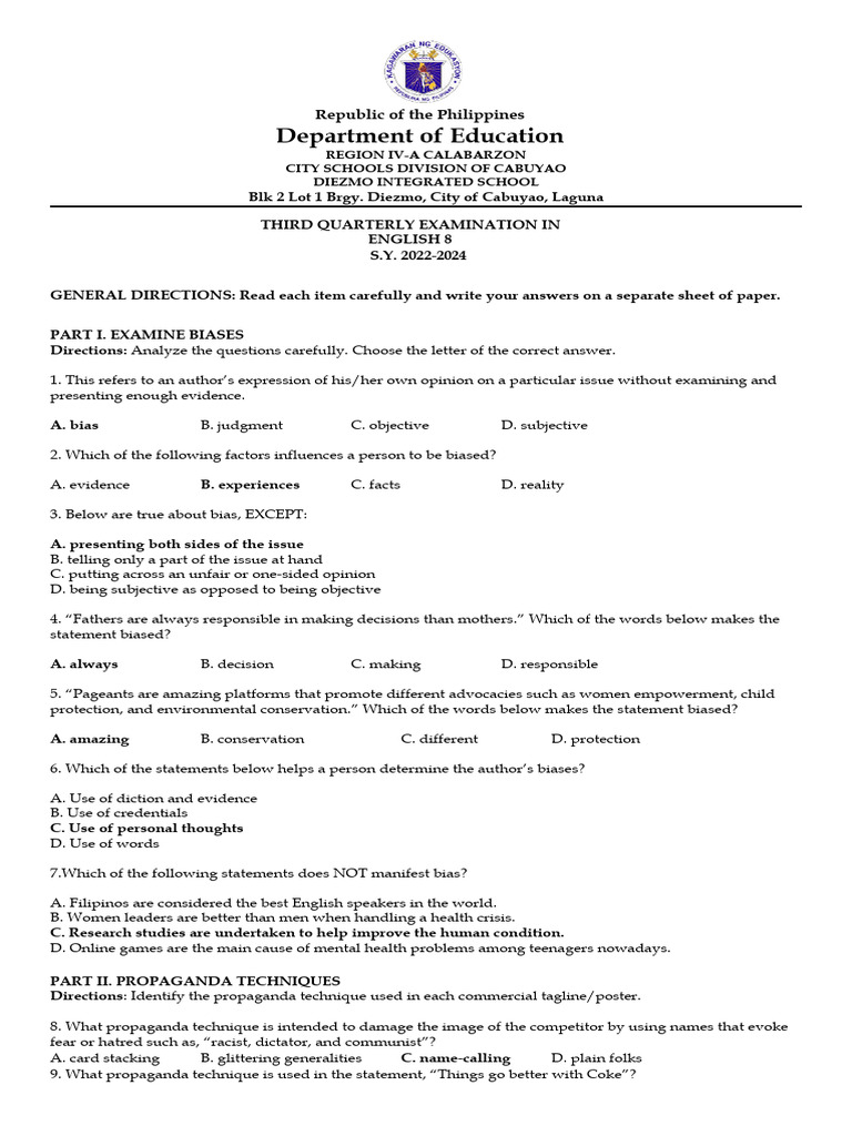 Third Quarterly Examination in English 8 With Answer Key and Tos | PDF | Rama | Sita