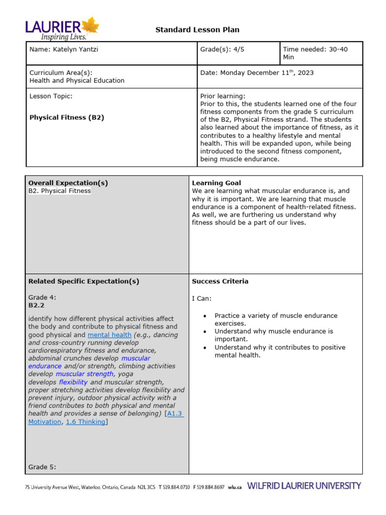 Grade 4/5 Physical Fitness Lesson Plan | PDF | Physical Fitness ...