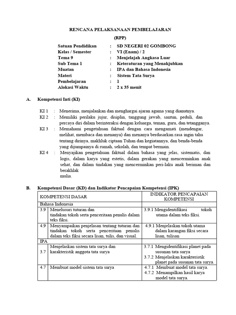 RPP Sistem Tata Surya Kelas 6 - Catur P | PDF