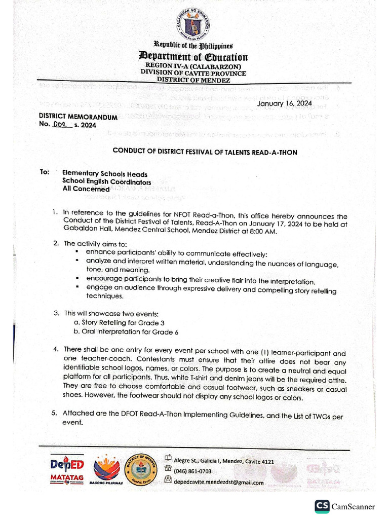 District Memo No. 2 S. 2024 Conduct of District Festival of Talents Read A Thon | PDF