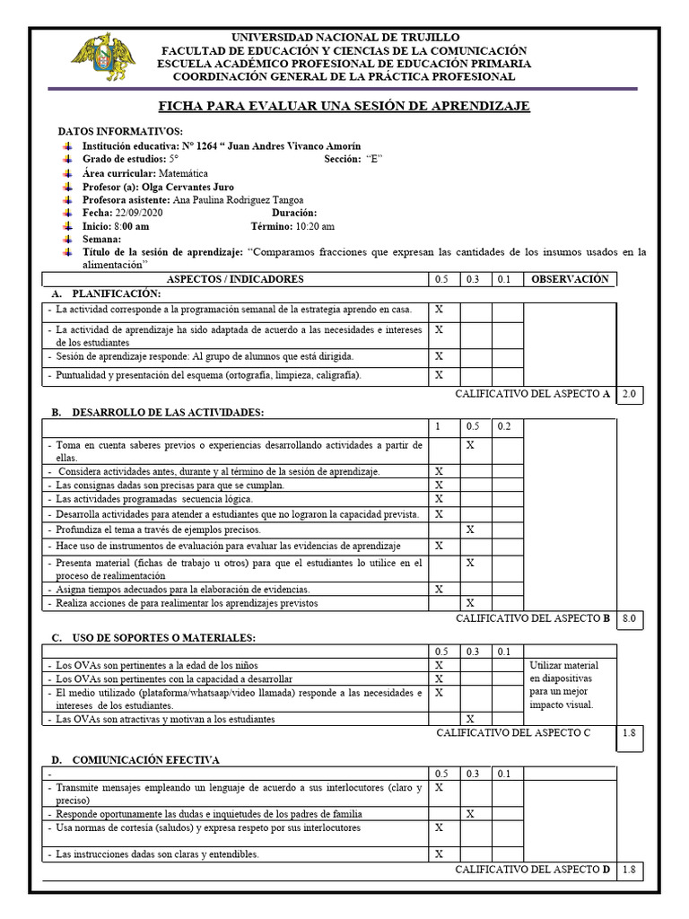 Ficha para Evaluar Las Sesiones de MATEMÁTICA | PDF