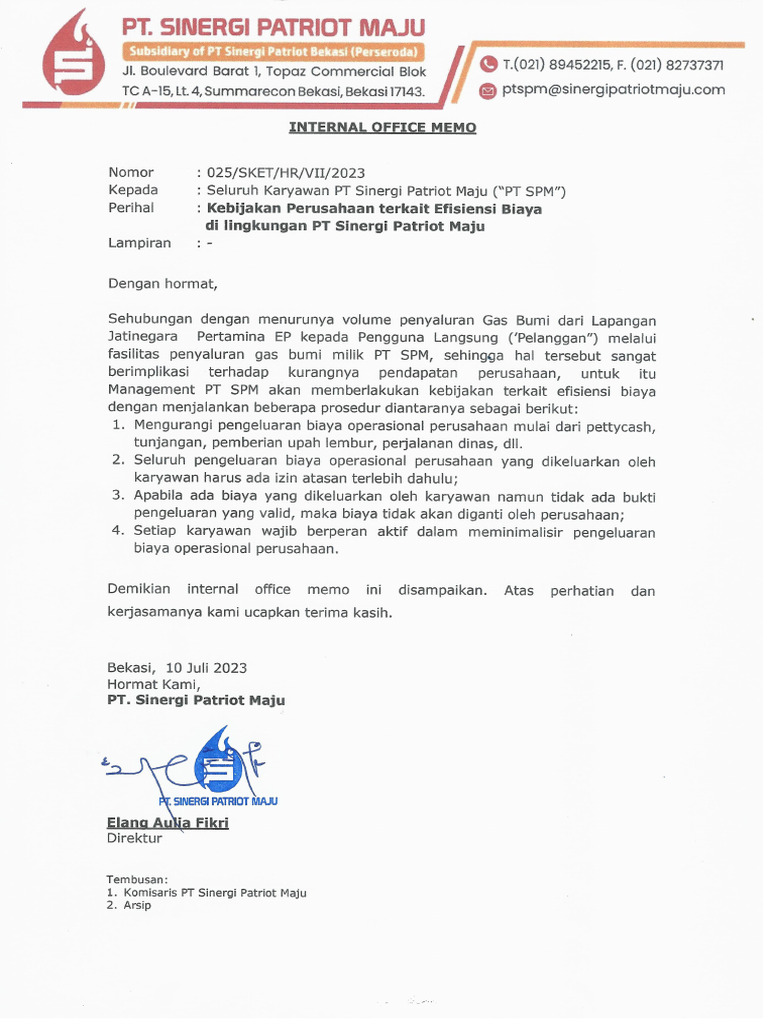 025SKET - Internal Office Memo Efisiensi Biaya | PDF