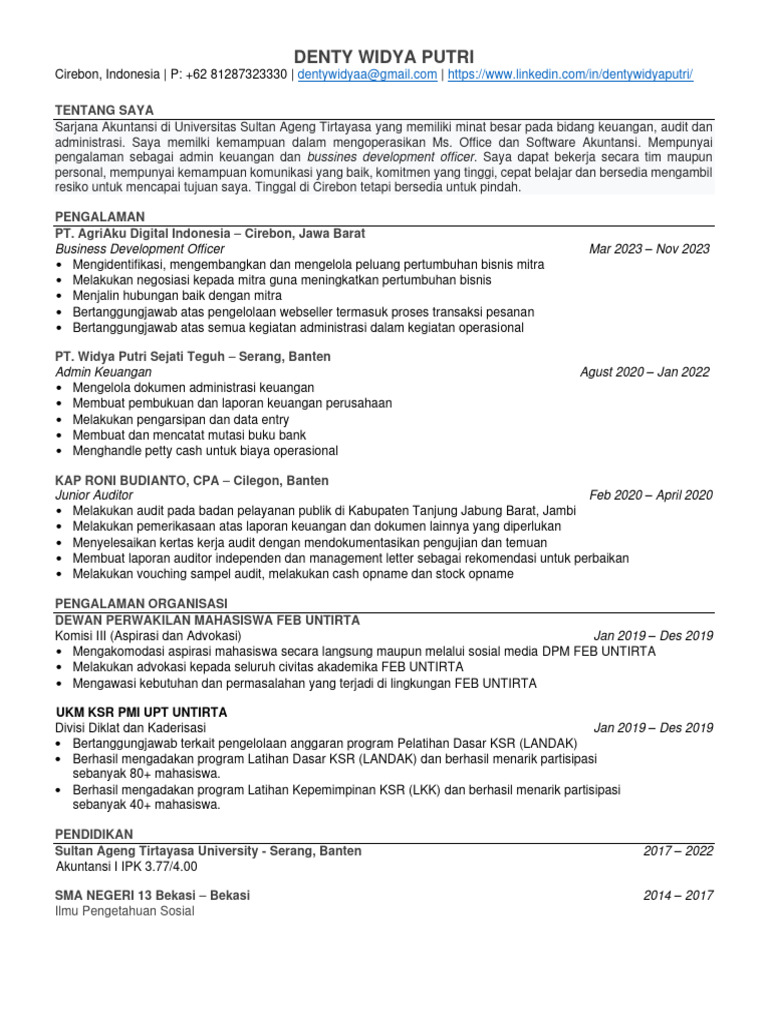 CV - Denty Widya Putri | PDF