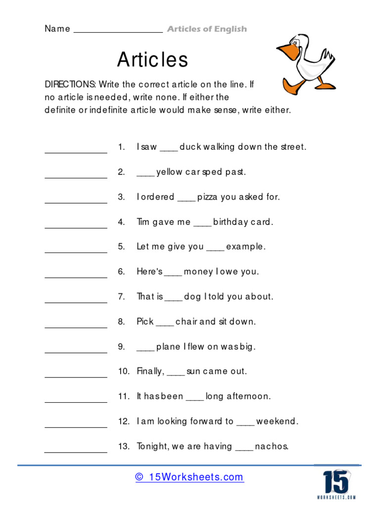 Articles: DIRECTIONS: Write The Correct Article On The Line. If | PDF