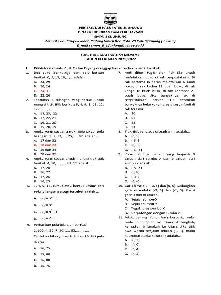Soal PTS Kelas 8 Semester 1 | PDF | Metode & Bahan Ajar