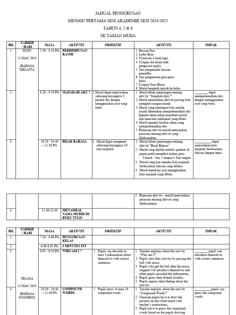 Jadual Minggu Pertama Persekolahan | PDF