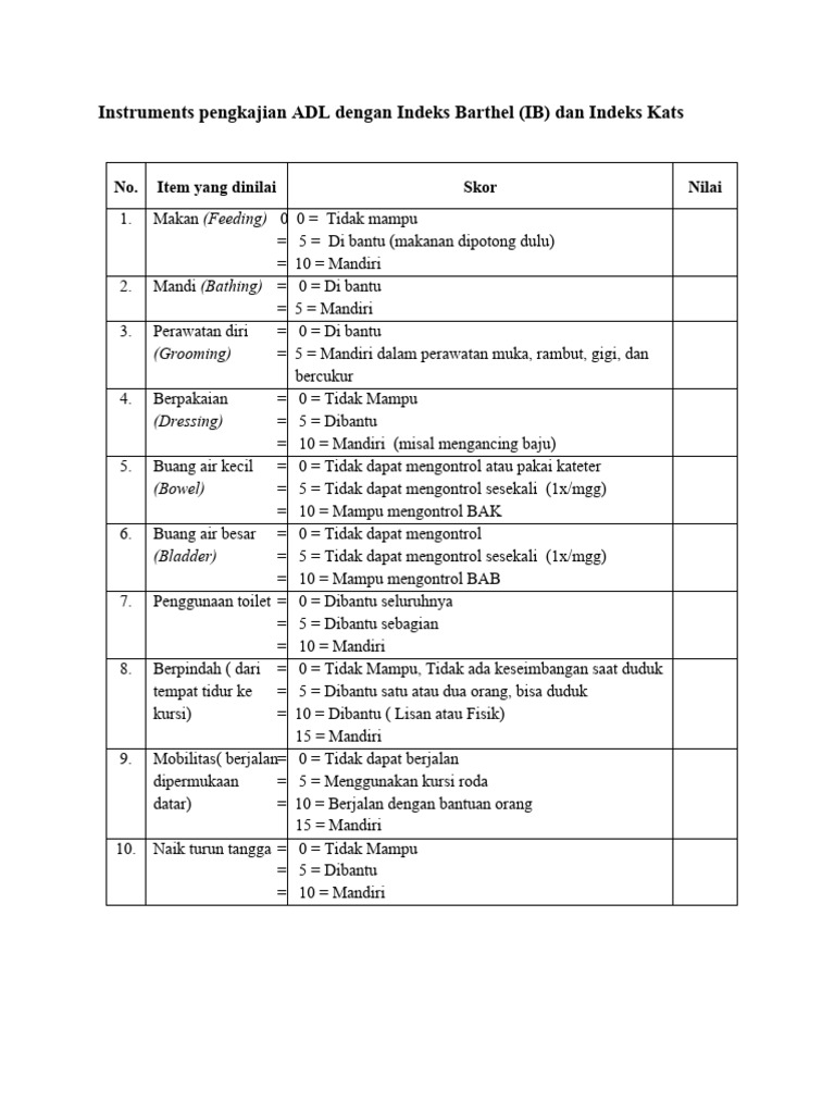 Instruments Pengkajian ADL Dengan Indeks Barthel | PDF