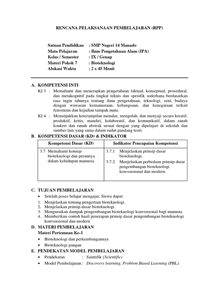 RPP IPA 9 Bioteknologi | PDF
