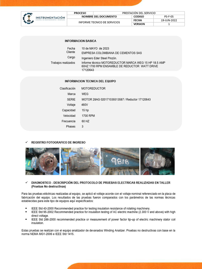 1.diagnostico - Re 9818 Motoreductor Weg 15 HP 18.5 Amp 1700 ...