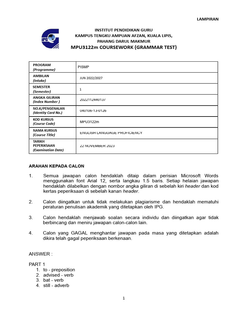 Garmmar Test Answer Book Pdf