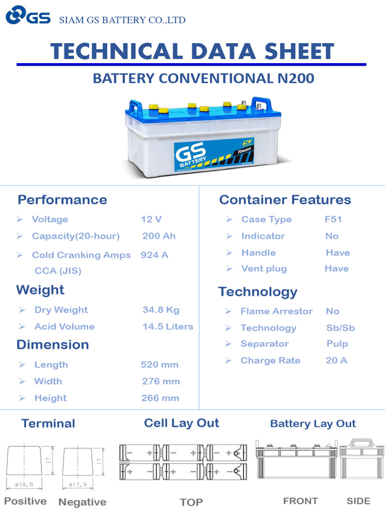GS Battery Technical Data Sheet N200 | PDF