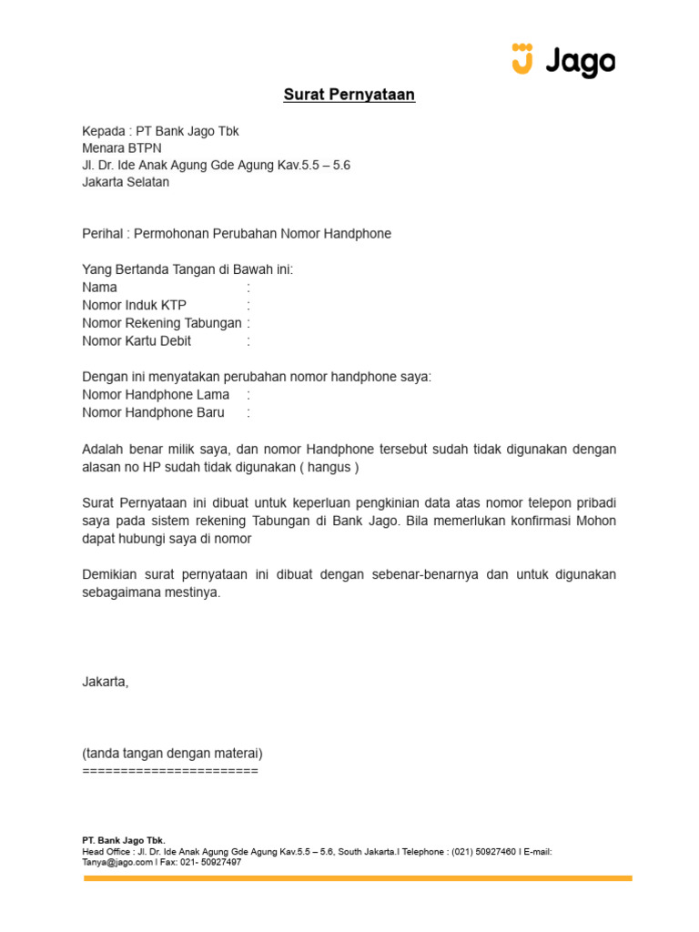 Surat Pernyataan Permohonan Perubahan Data Nomor Handphone | PDF Surat Pernyataan Permohonan Perubahan Data Nomor Handphone | PDF