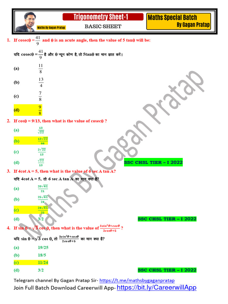 274819trigonometry Sheet-1 Crwill | PDF