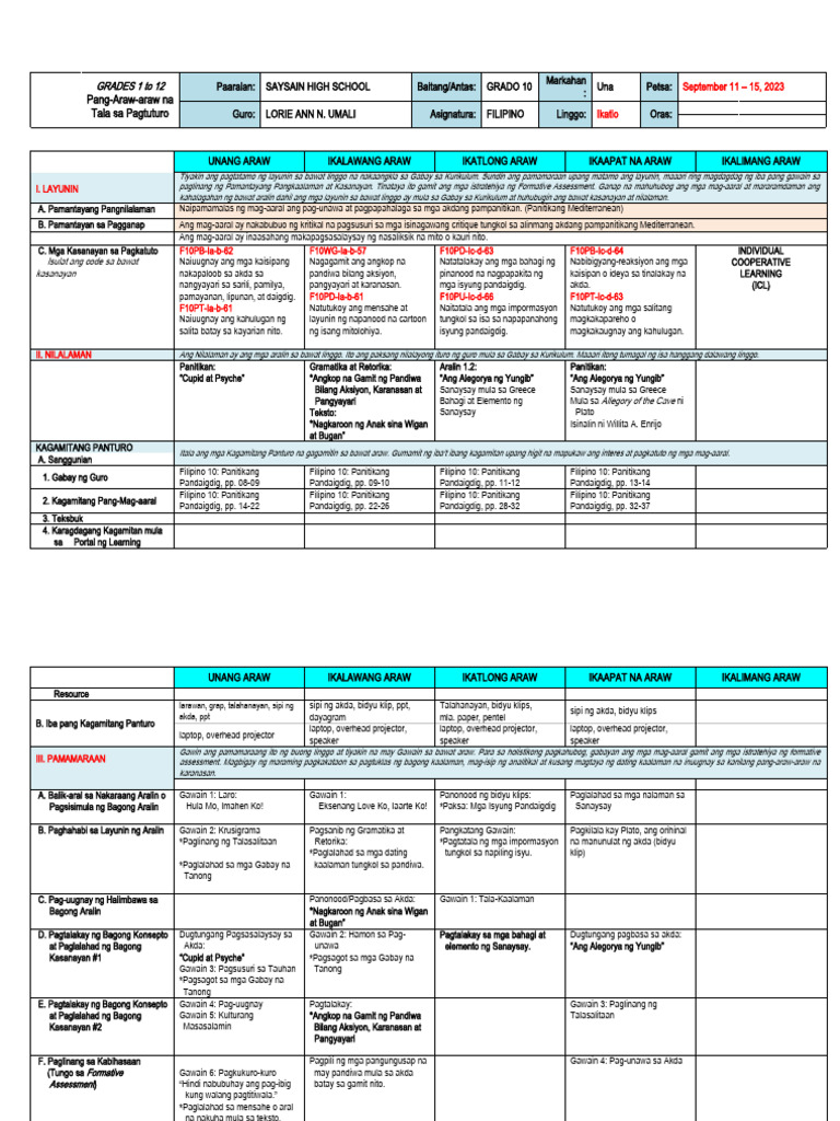 Filipino 10 Q1W3 DLL | PDF