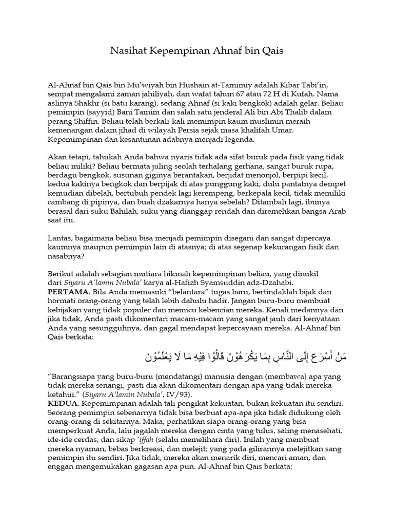 Nasihat Kepempinan Ahnaf Bin Qais | PDF | Hukum | Sejarah
