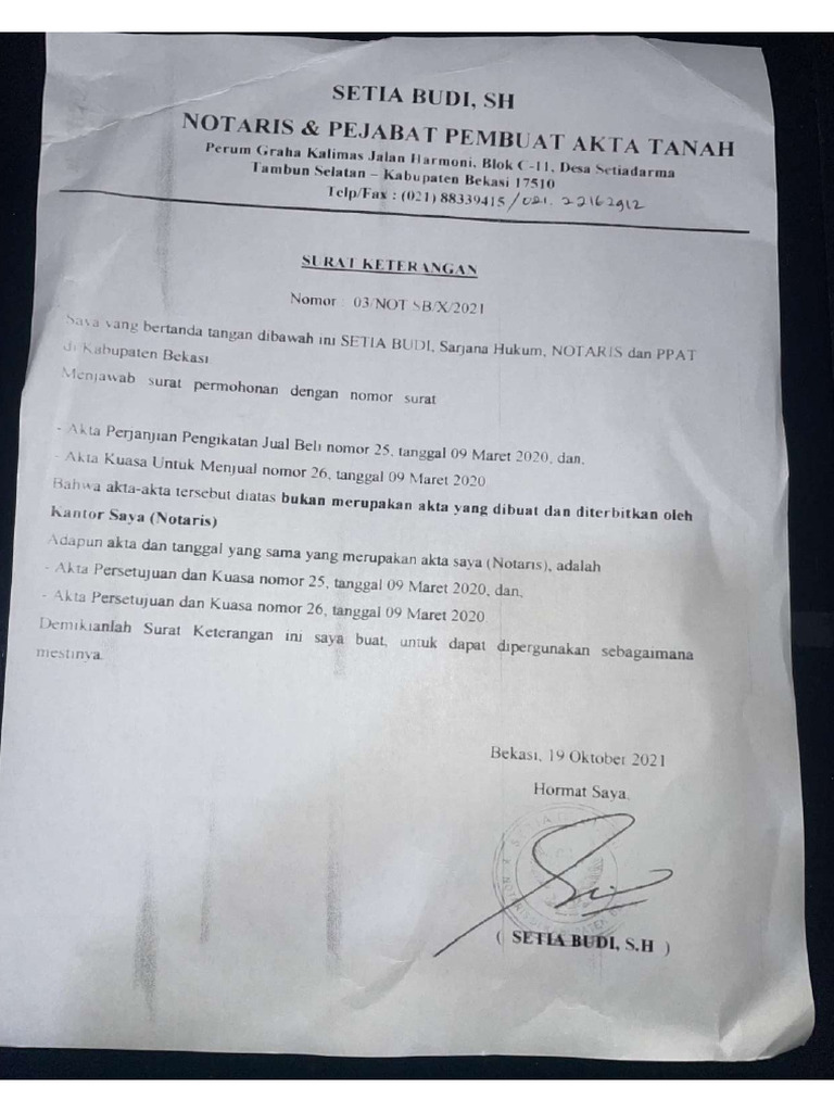 Surat Pernyataan Notaris SETIA BUDI - SH | PDF