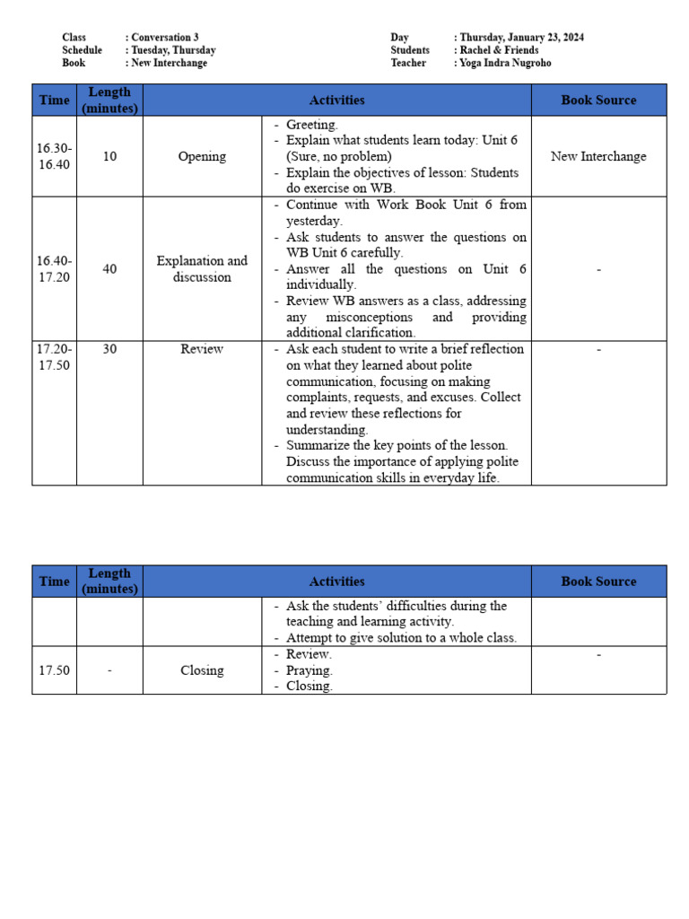 Lesson Plan Conversation 3 January 25 2024 | PDF | Human Communication ...