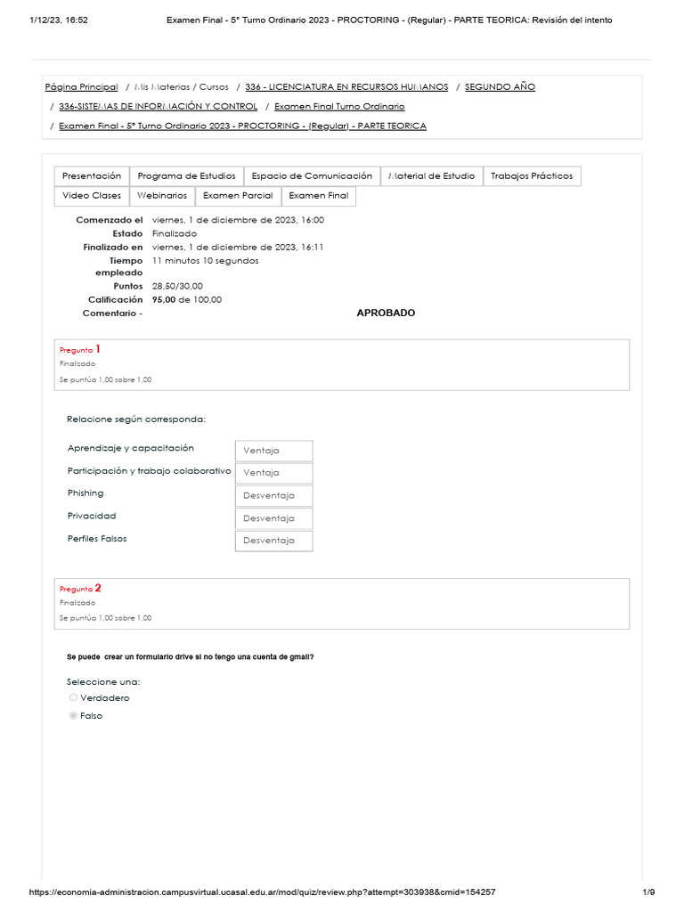 Examen Final - 5° Turno Ordinario 2023 - PROCTORING - (Regular) - PARTE TEORICA - Revisión Del ...
