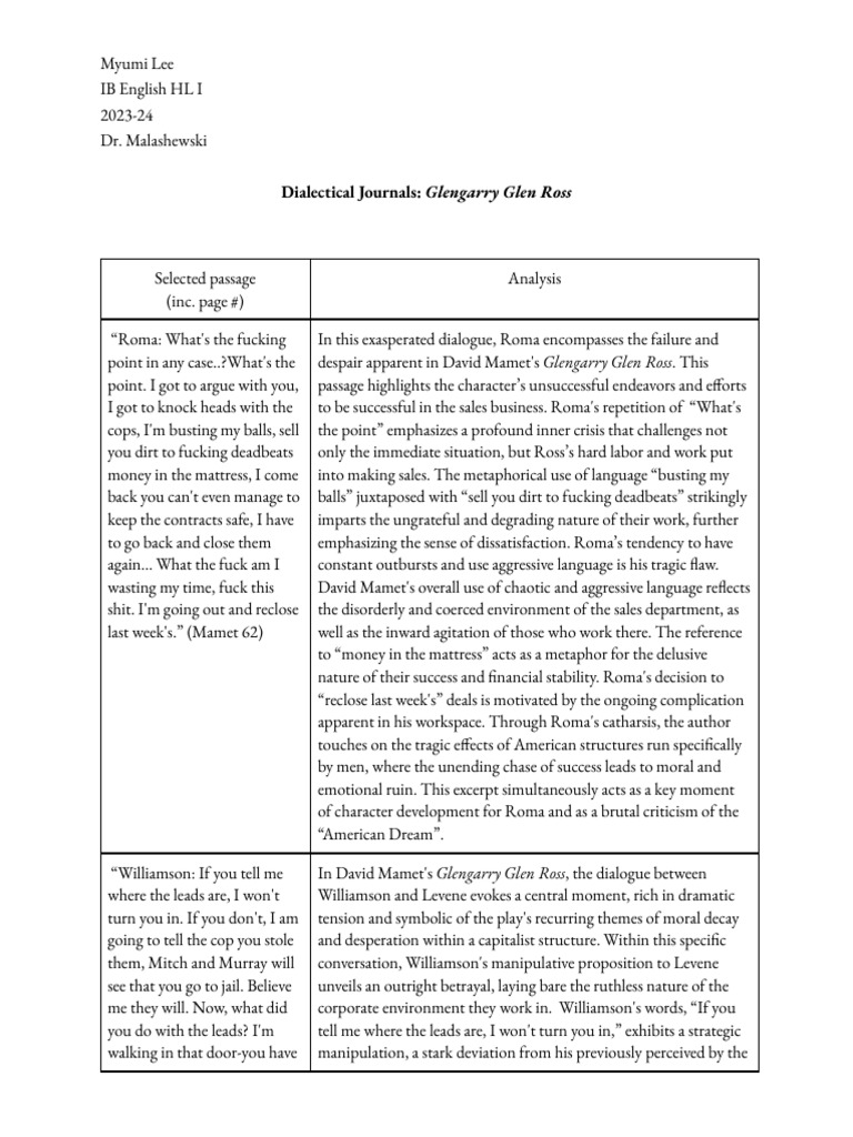 Dialectical Journals 2 Glengarry Glen Ross - Myumi Lee | PDF