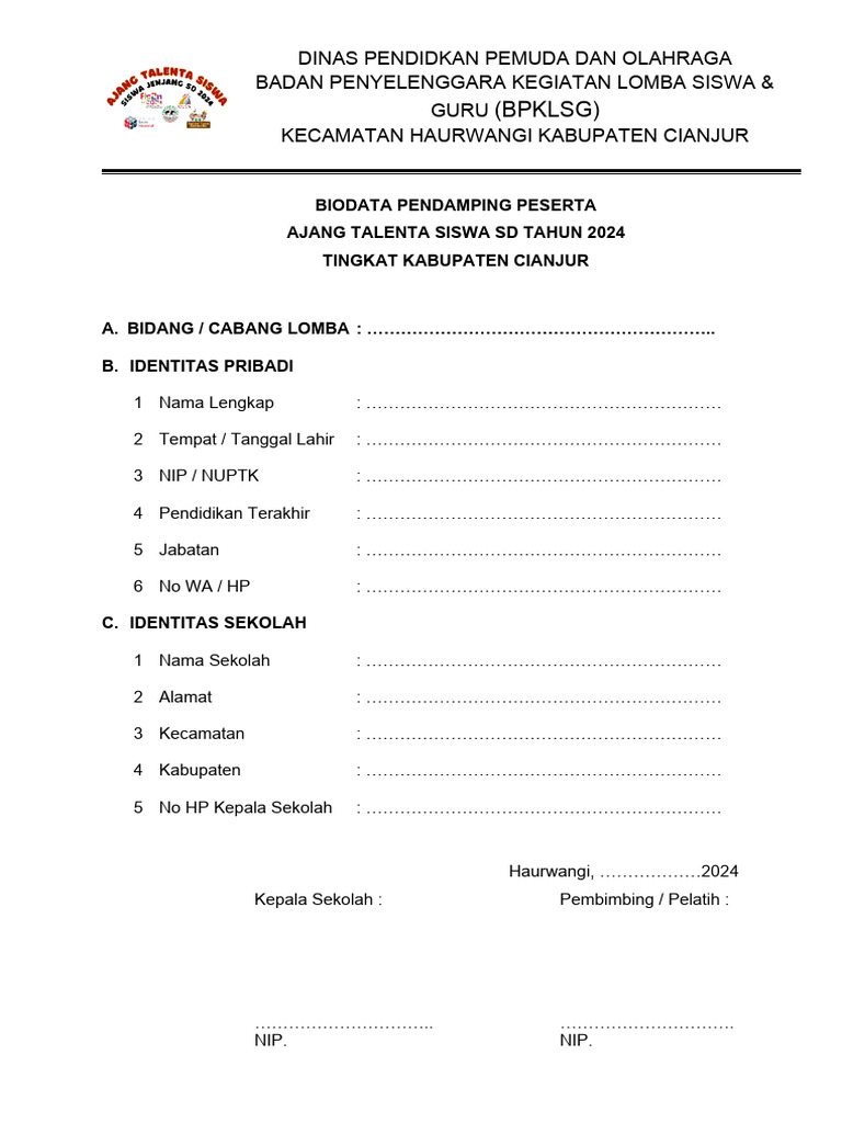 Format Biodata Pendamping 02SN | PDF | Karier & Perkembangan | Olahraga & Rekreasi