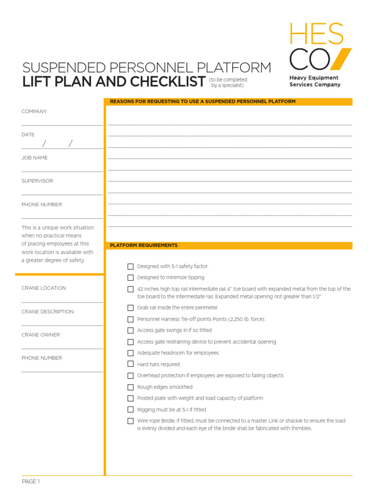 Suspended Personnel Platform Lift Plan and Checklist | PDF | Crane ...