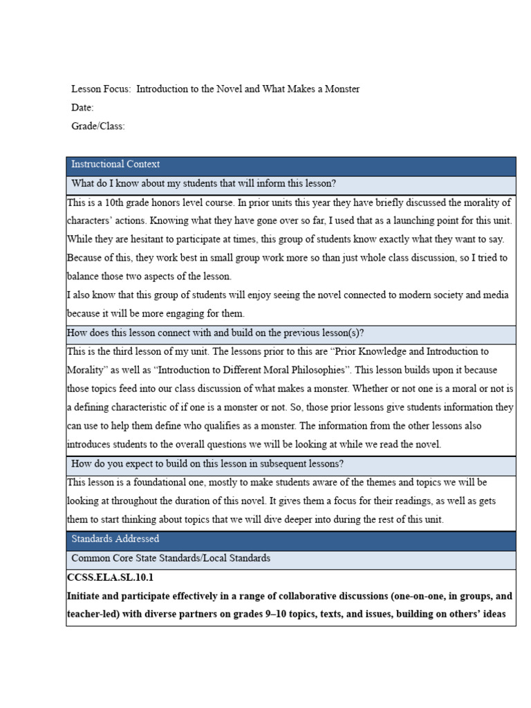 Exploring Monsters in Literature | PDF | Teachers | Lesson Plan
