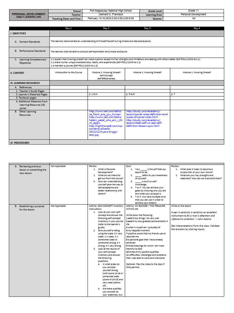 Sample DLL Personal Development | Download Free PDF | Self Concept ...