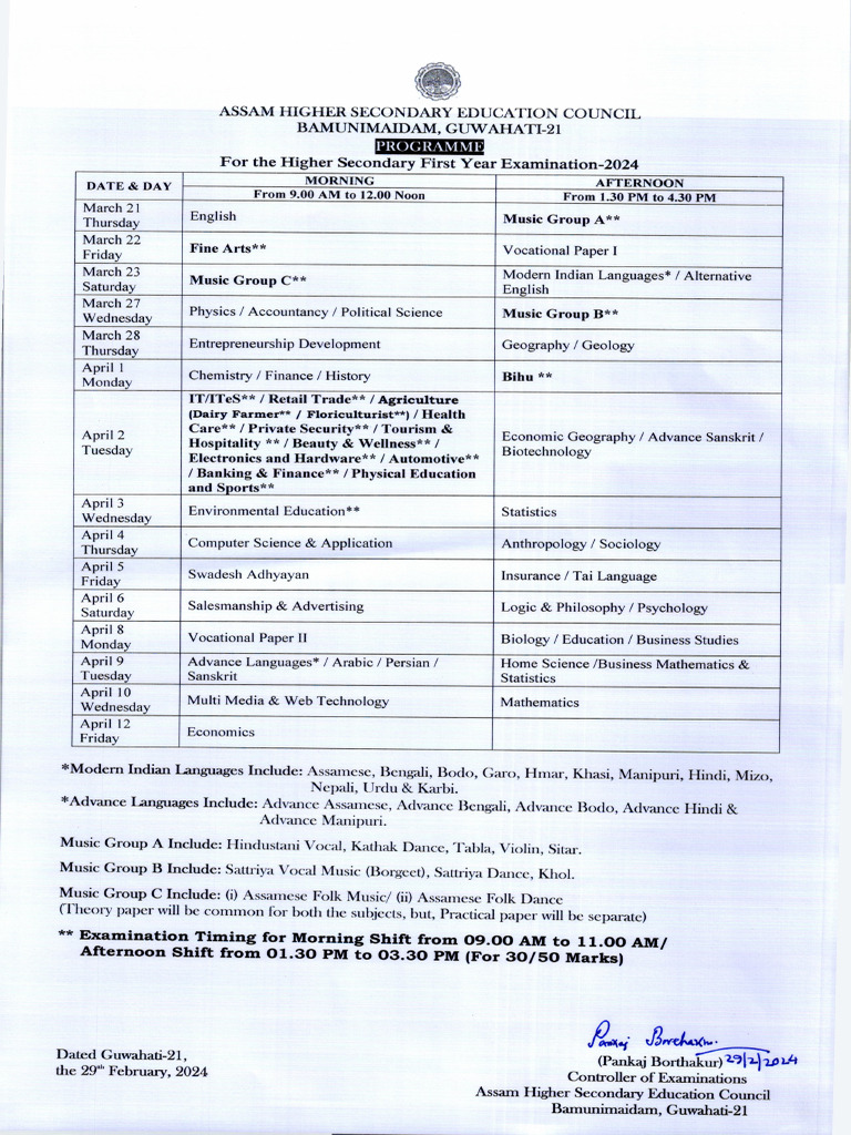 H S First Year Examination-2024 Programme | PDF | Science